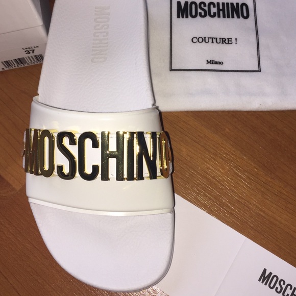 Moschino | Shoes | New Moschino Gold Buckle Sandals Flip Flops Slides ...